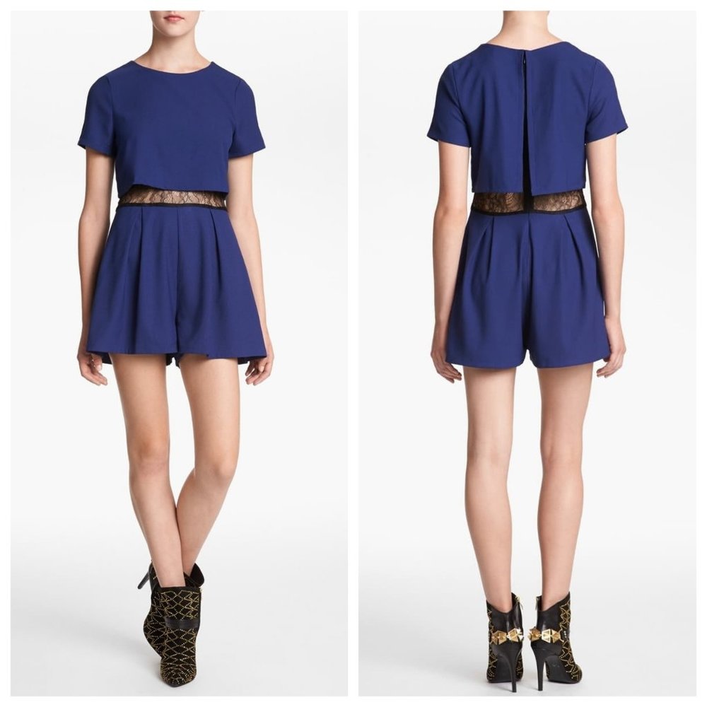 ASTR Black Lace Midriff Inset Stretch Romper Navy Blu… - Gem